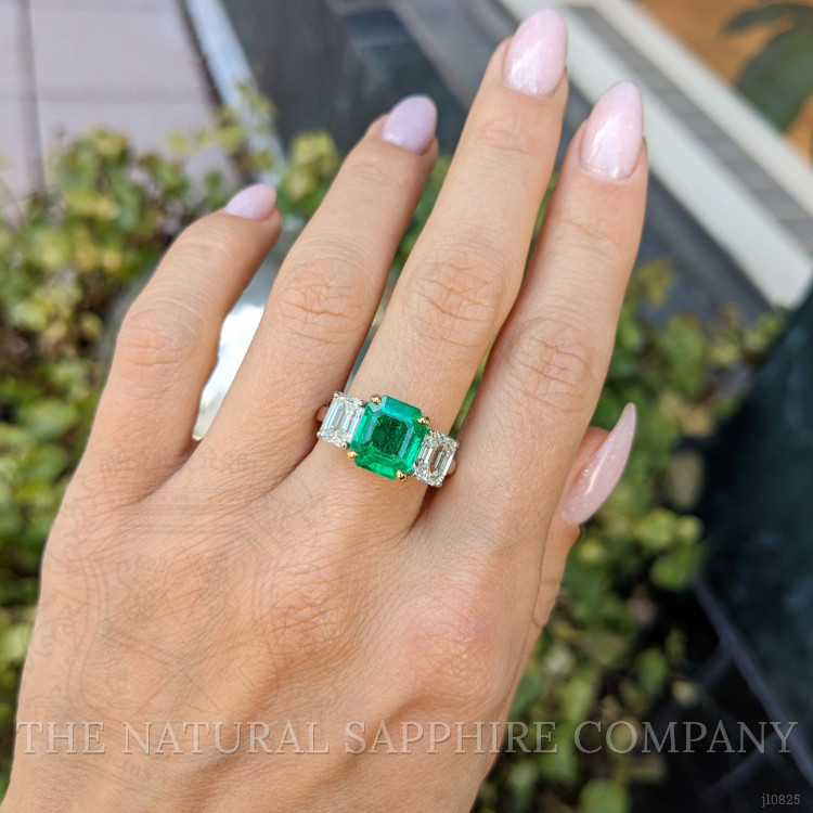 Emerald Three Stone Ring - Emerald Cut 2.63 Ct. - Platinum & 14K Yellow ...